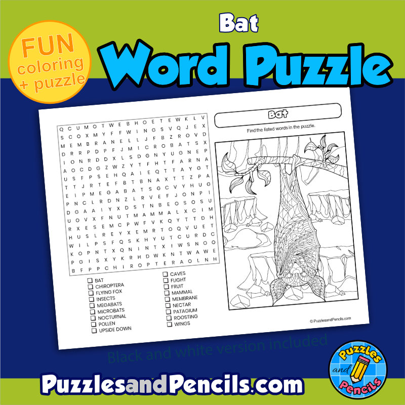Bat Word Search Puzzle Activity Page and Coloring | Wildlife Wordsearch ...