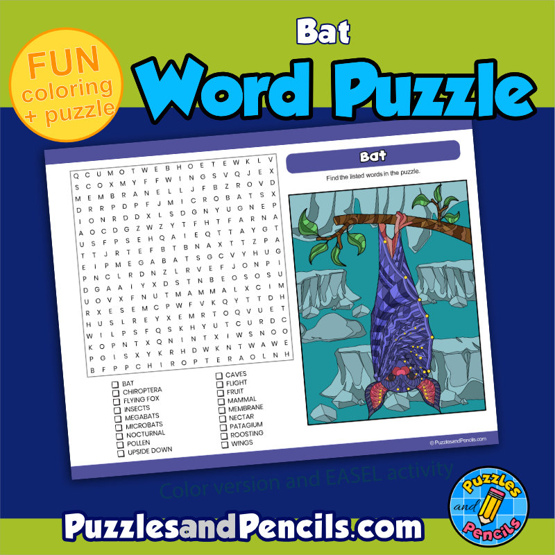 Bat Word Search Puzzle Activity Page and Coloring | Wildlife Wordsearch ...