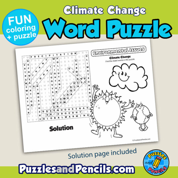 Climate Change Word Search Puzzle Activity Page and Coloring ...
