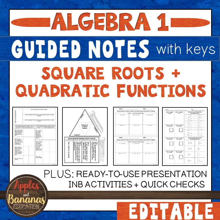 Square Roots and Quadratic Functions - Algebra Guided Note-Taking ...