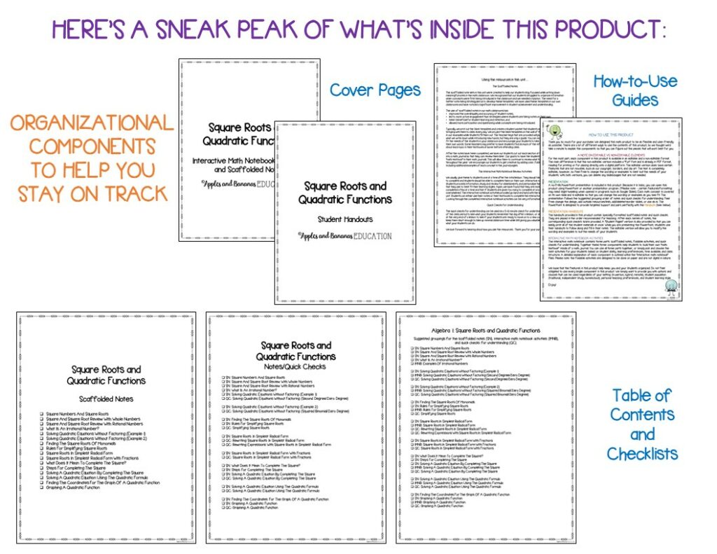 Square Roots and Quadratic Functions - Algebra Guided Note-Taking ...