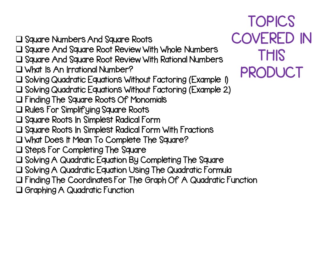 Square Roots and Quadratic Functions - Algebra Guided Note-Taking ...