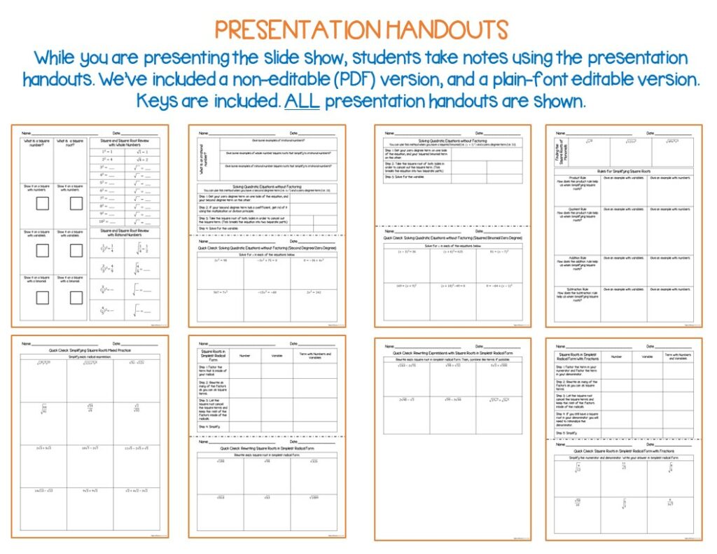 Square Roots and Quadratic Functions - Algebra Guided Note-Taking ...