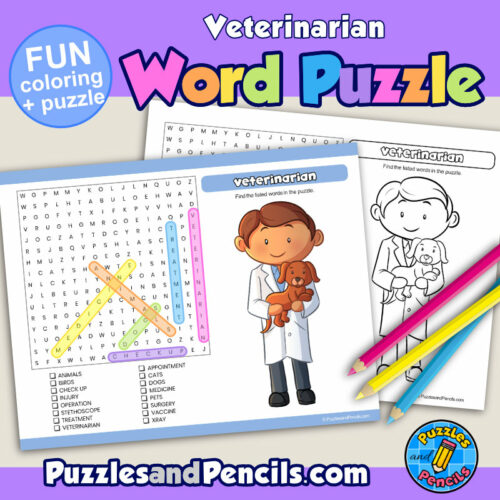 Veterinarian Word Search Puzzle Activity Page and Coloring | Career ...