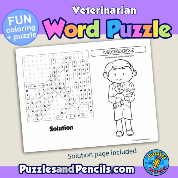Veterinarian Word Search Puzzle Activity Page and Coloring | Career ...