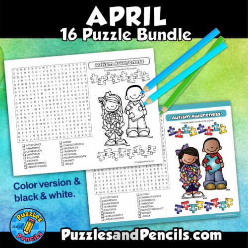 April Word Search Puzzle Activity BUNDLE | 16 Wordsearch Puzzles | Made ...
