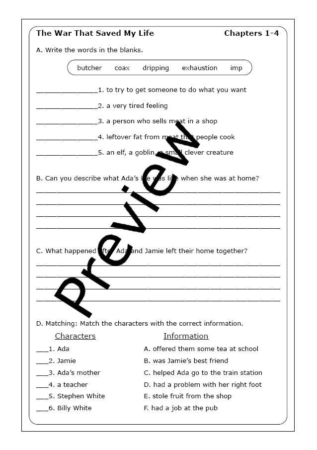 Kimberly Brubaker Bradley "The War That Saved My Life" worksheets ...