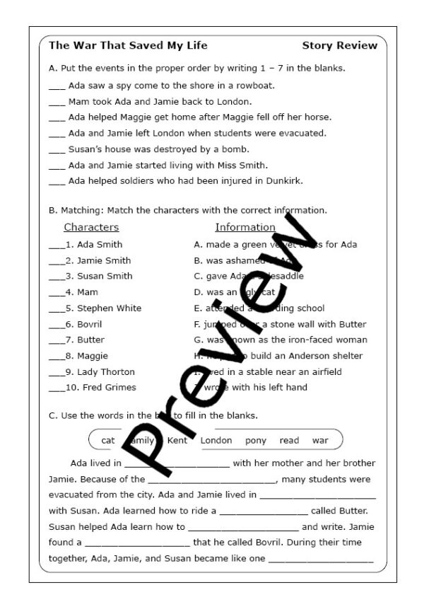 Kimberly Brubaker Bradley "The War That Saved My Life" worksheets ...
