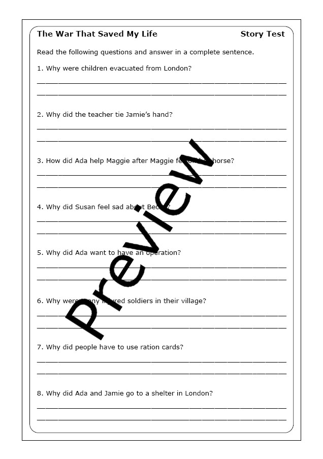 Kimberly Brubaker Bradley "The War That Saved My Life" worksheets ...