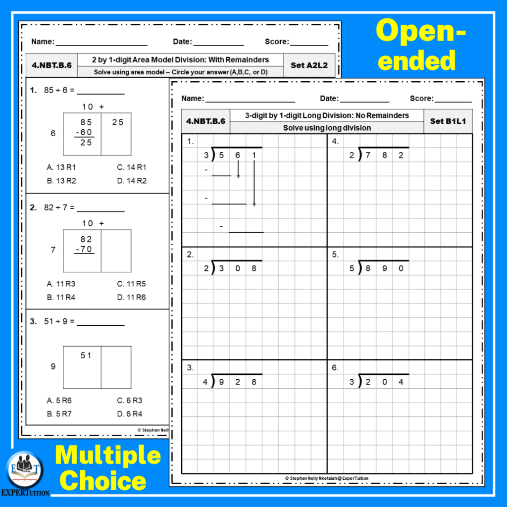 Area Model, Partial Quotients and Long Division Worksheets Bundle ...