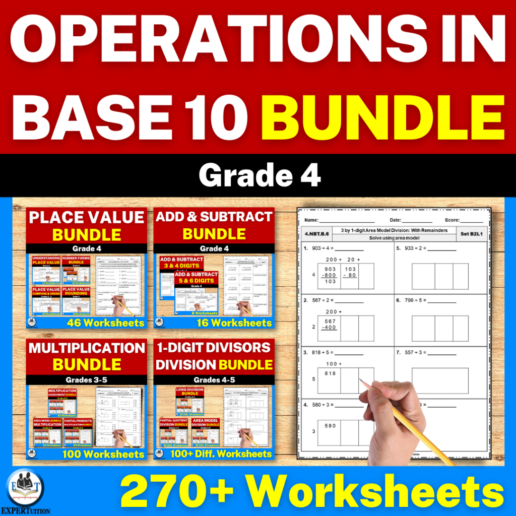 4th Grade Math Worksheets | Number & Operations in Base Ten Bundle ...