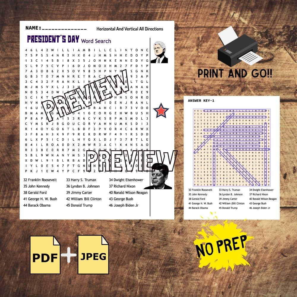 No Prep Us Presidents Day Word Search Worksheets Activity | Made By ...