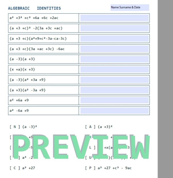 ALGEBRAIC IDENTITIES - QUIZ WORKSHEETS | Made By Teachers