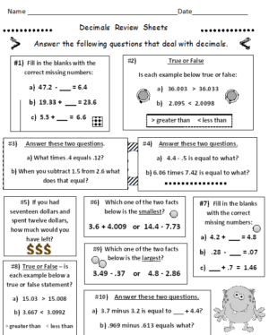 Decimals Review Sheets PLUS Decimals True or False (Both Sets) | Made ...
