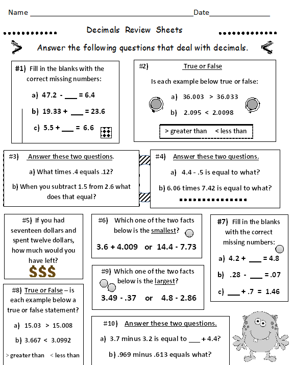 Decimals Review Sheets PLUS Decimals True or False (Both Sets) | Made ...