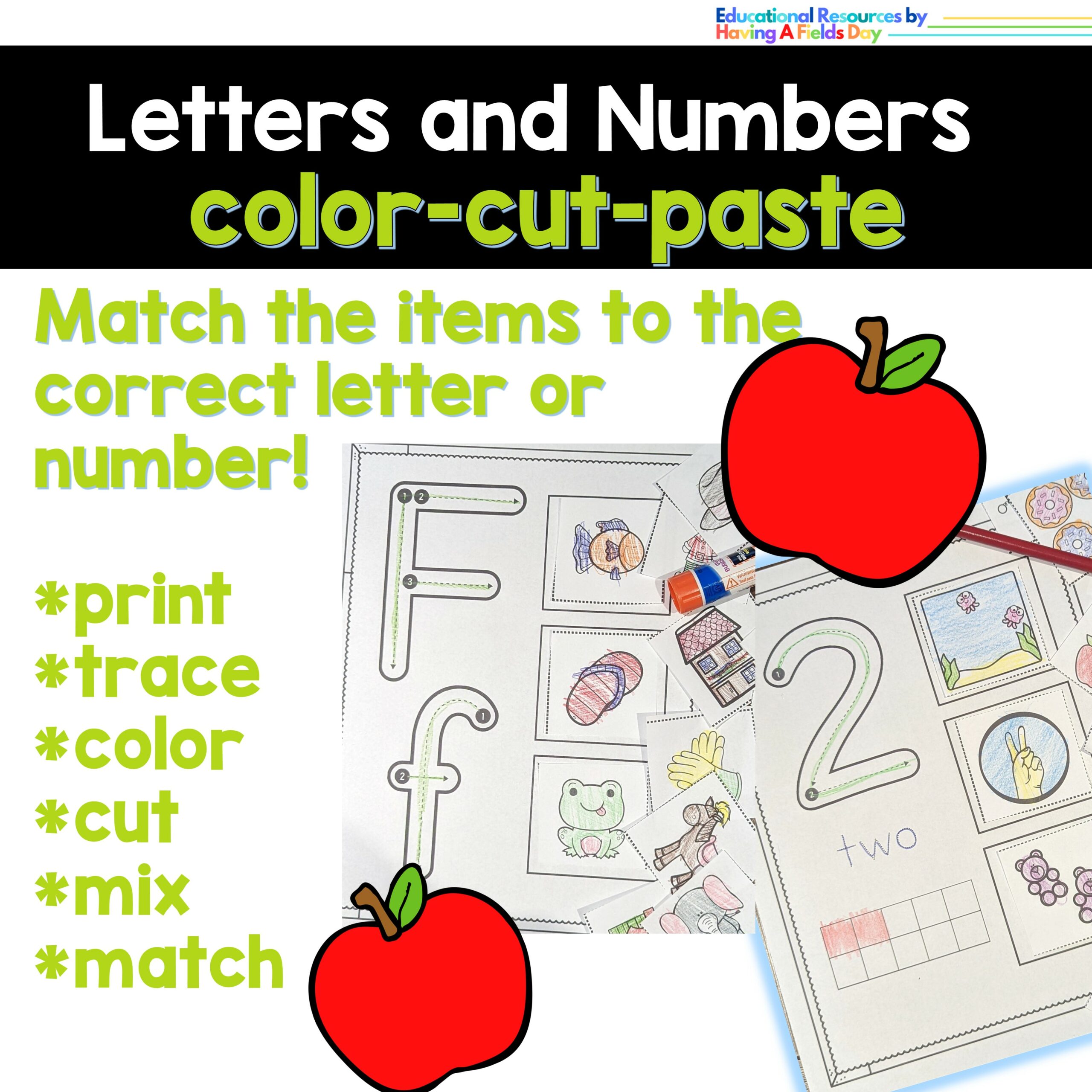 Letters and Numbers Color Cut Paste - Tracing and Matching Activity ...