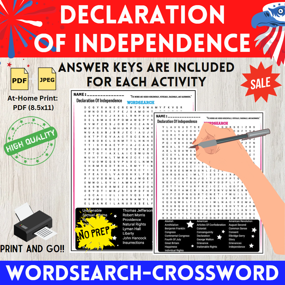 Declaration Of Independence Worksheets Word search - Crossword | Made ...
