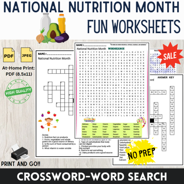 National Nutrition Month Worksheets Word Search and Crossword Puzzle ...