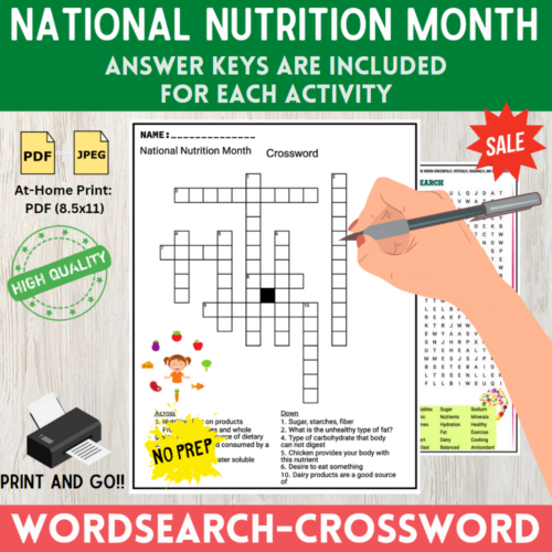 National Nutrition Month Worksheets Word Search and Crossword Puzzle ...