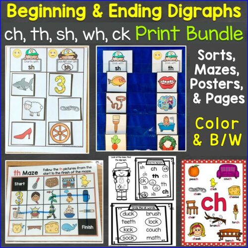 Beginning & Ending Digraphs sh th ch wh ck Activities Bundle | Made By Teachers