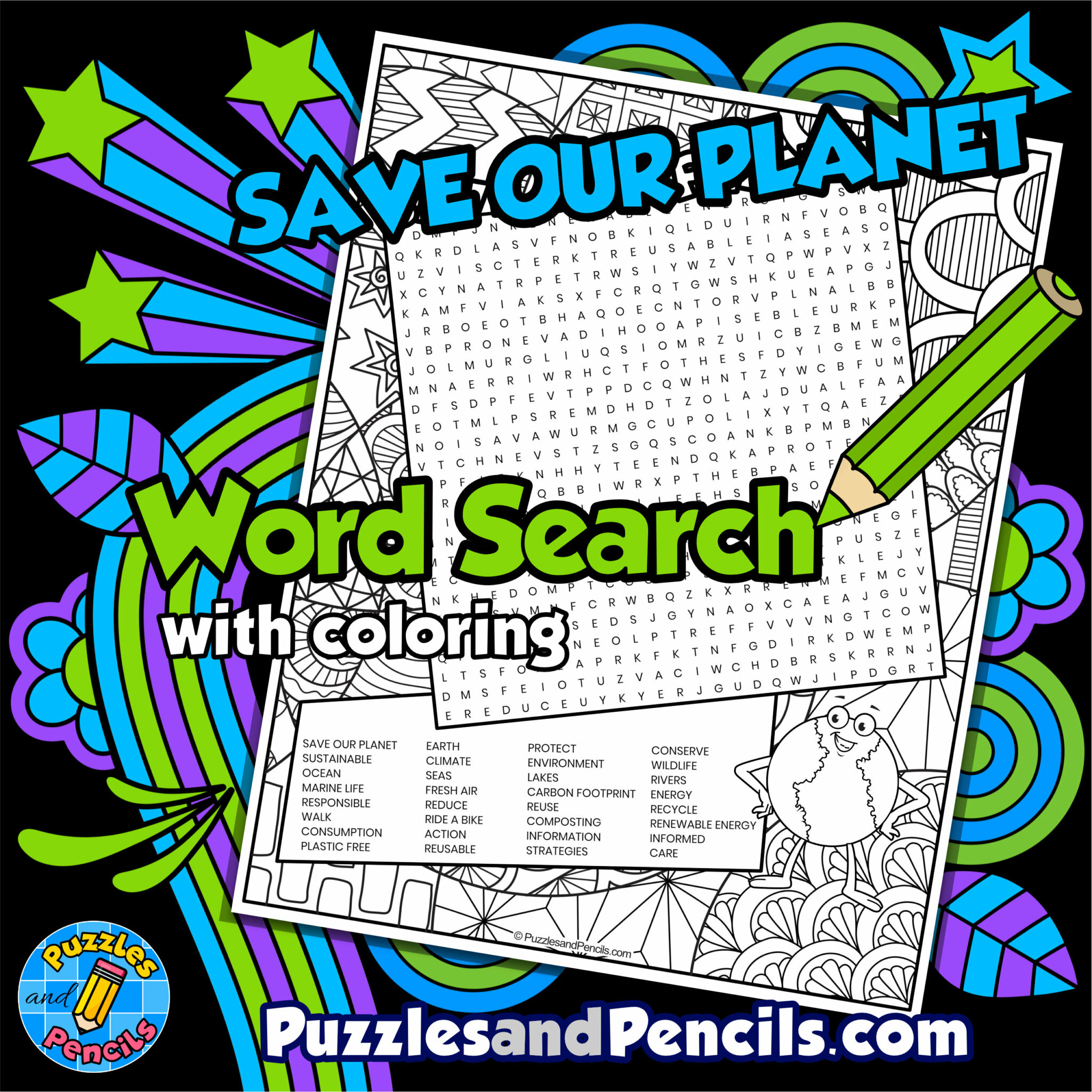 Save Our Planet Word Search Puzzle with Coloring | Earth Day Wordsearch ...