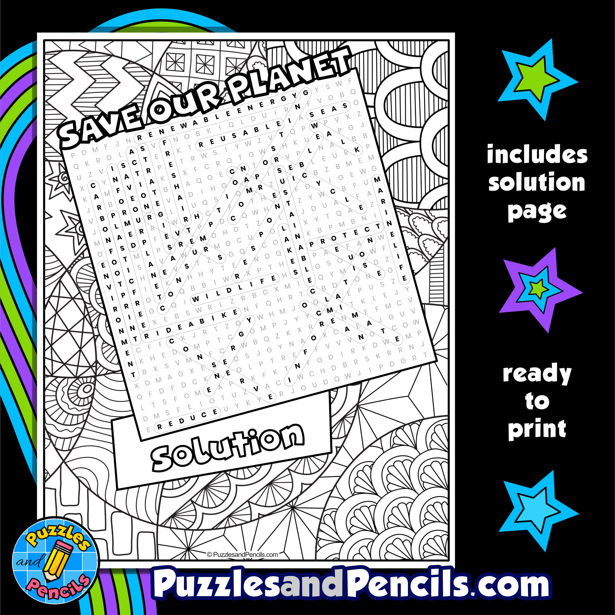 Save Our Planet Word Search Puzzle with Coloring | Earth Day Wordsearch ...