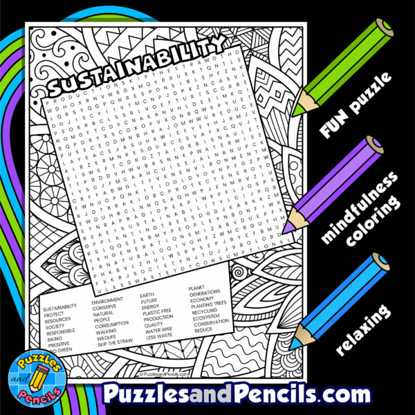 Sustainability Word Search Puzzle with Coloring | Earth Day Wordsearch ...