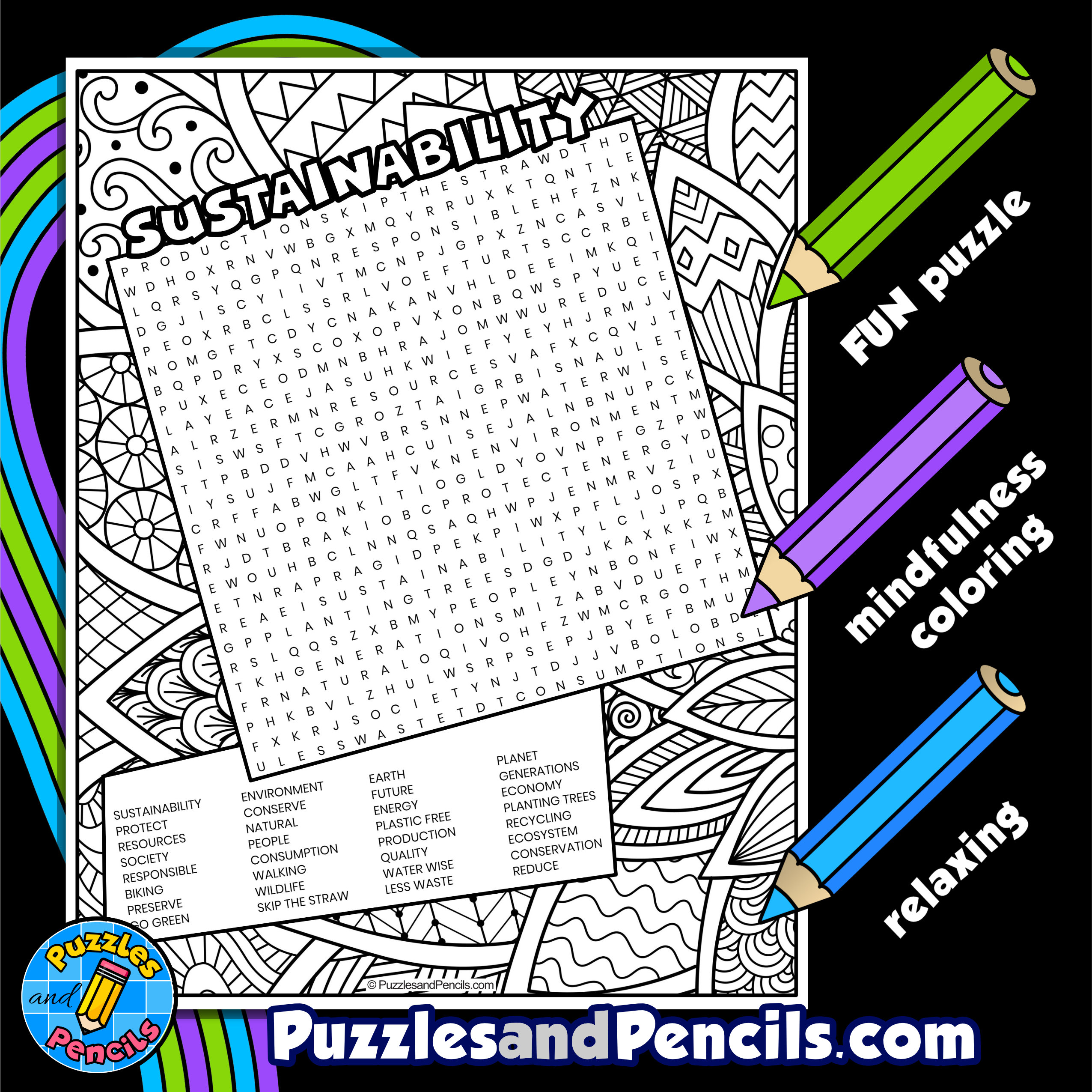 Sustainability Word Search Puzzle with Coloring | Earth Day Wordsearch ...