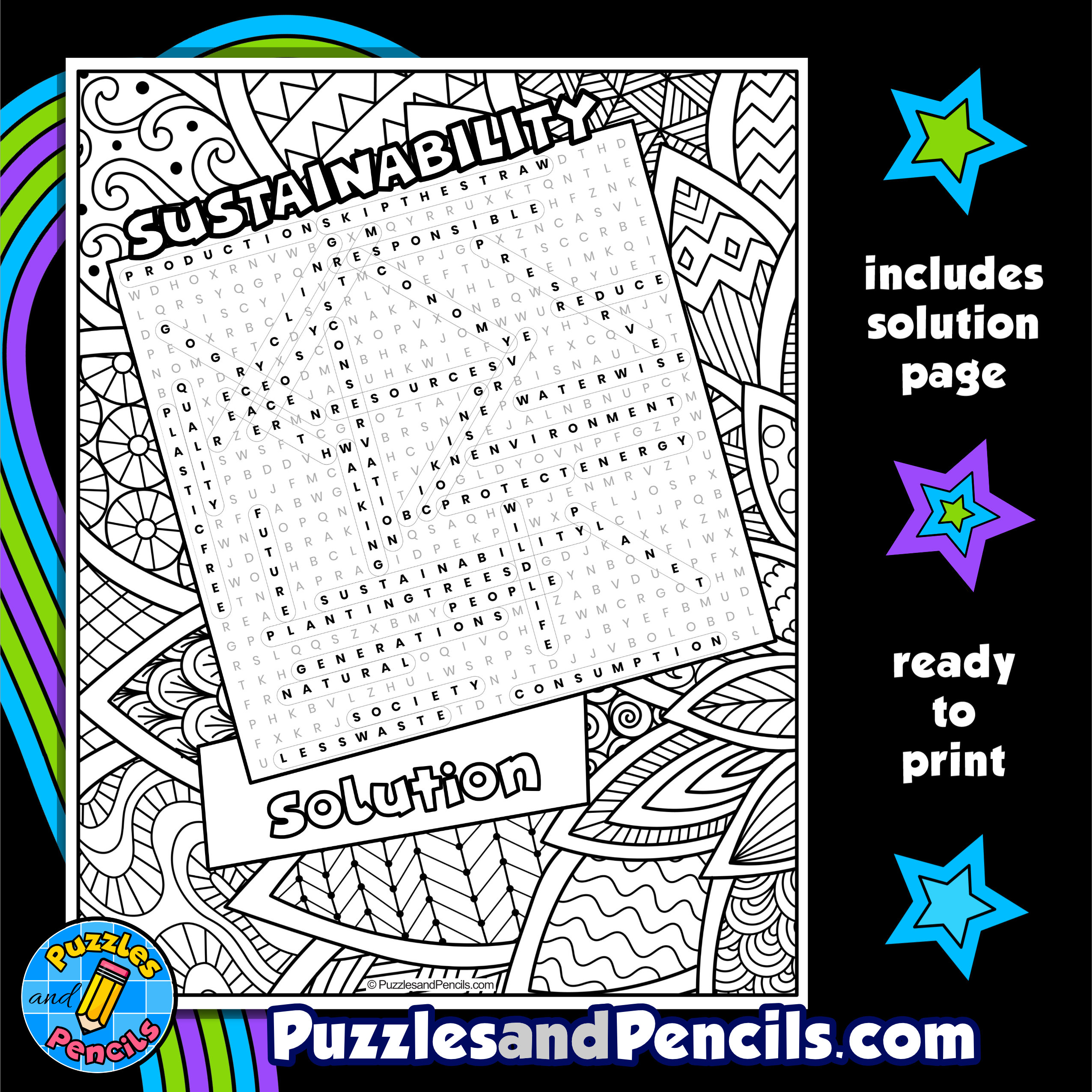 Sustainability Word Search Puzzle with Coloring | Earth Day Wordsearch ...