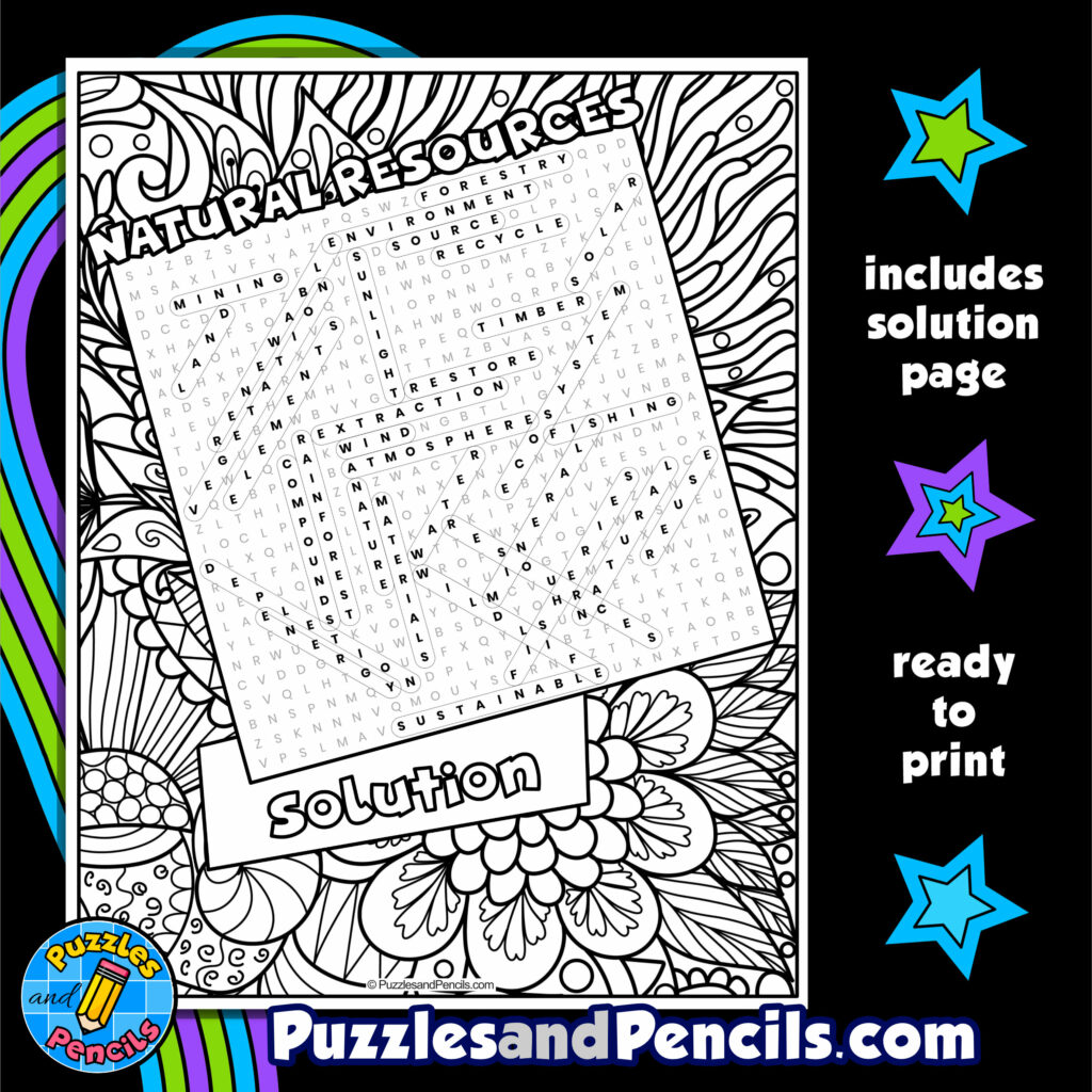 Natural Resources Word Search Puzzle with Coloring | Earth Day ...