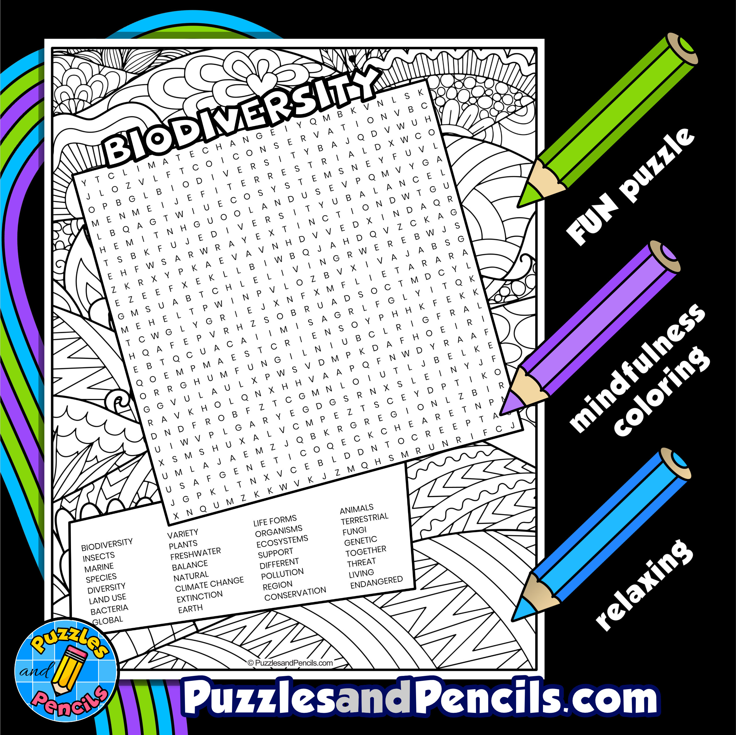 Biodiversity Word Search Puzzle with Coloring | Earth Day Wordsearch ...