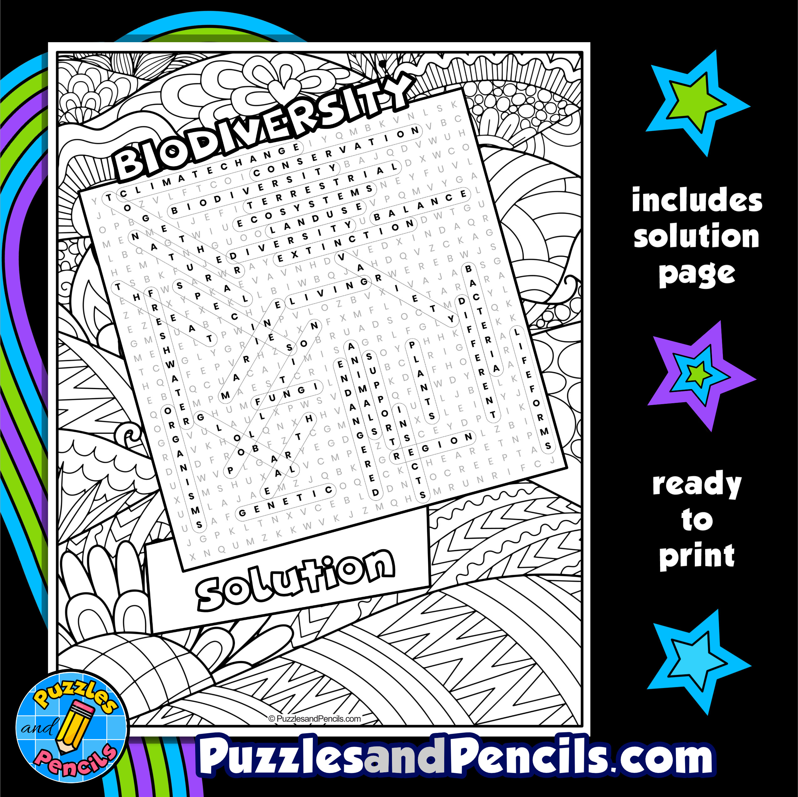 Biodiversity Word Search Puzzle with Coloring | Earth Day Wordsearch ...