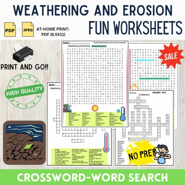 Weathering and Erosion Worksheets - Crossword and Word Search | Made By ...