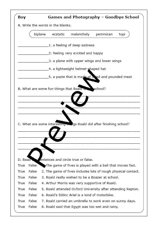Roald Dahl "Boy: Tales of Childhood" worksheets | Made By Teachers