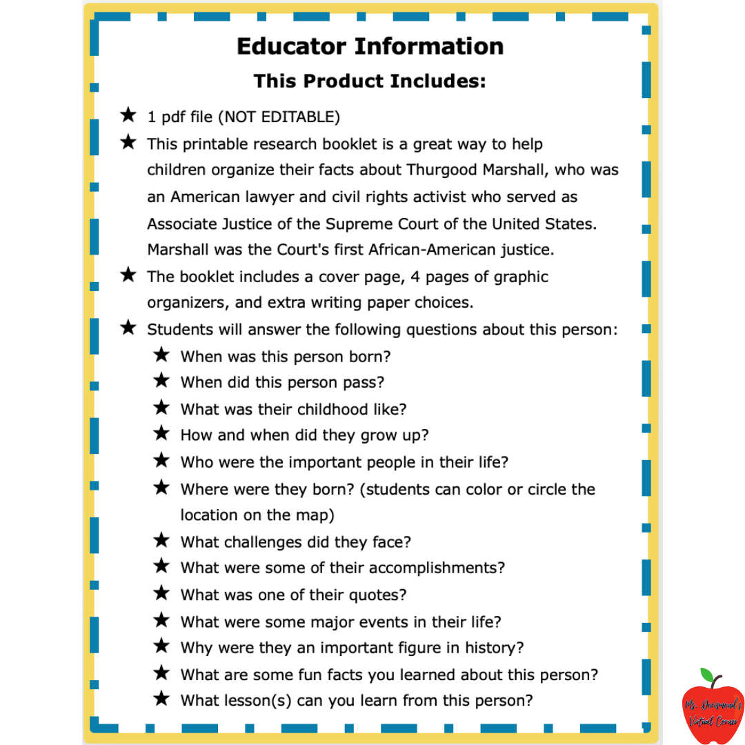 Thurgood Marshall All-About Research Project Graphic Organizer ...