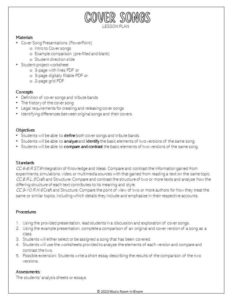 COVER SONGS a Middle School General Music Unit | Made By Teachers