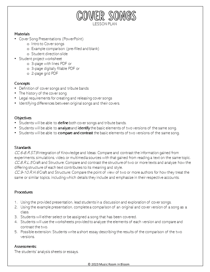 COVER SONGS a Middle School General Music Unit | Made By Teachers