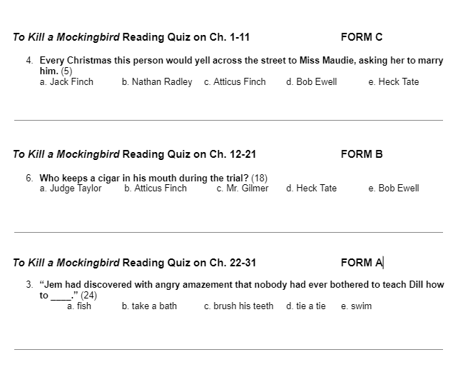 TO KILL A MOCKINGBIRD Reading Quizzes for the ENTIRE NOVEL (Word ...