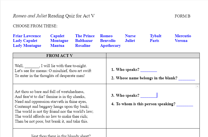 ROMEO AND JULIET Reading Quizzes for the ENTIRE PLAY (Word Document ...
