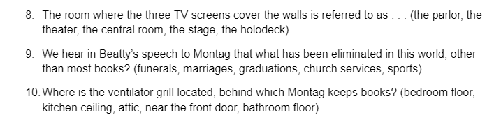 FAHRENHEIT 451 Reading Quizzes on ALL 3 PARTS -- (DOCX format) No Prep ...
