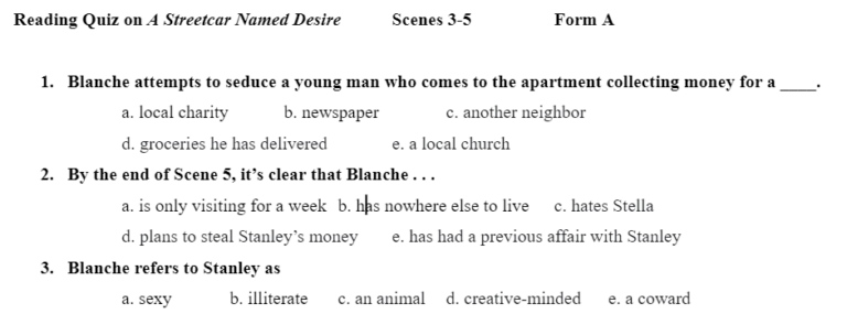 Reading Quizzes for ALL SCENES of A Streetcar Named Desire | Made By ...