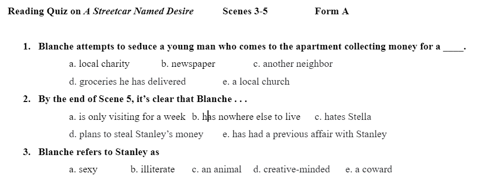 Reading Quizzes for ALL SCENES of A Streetcar Named Desire | Made By ...