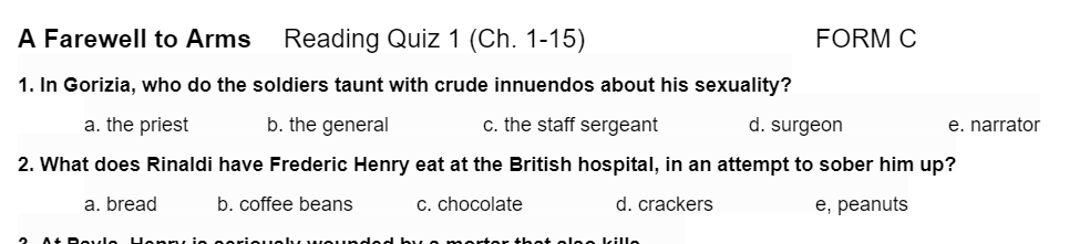 Reading Quizzes for ALL the chapters in Hemmingway's A FAREWELL TO ARMS ...