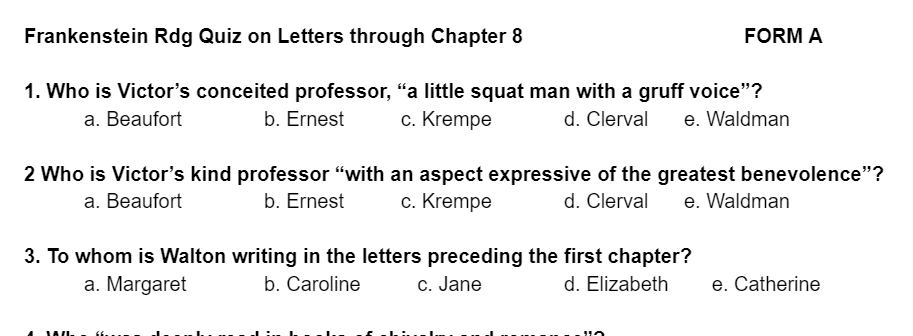 Reading Quizzes for ALL CHAPTERS of Mary Shelley's FRANKENSTEIN | Made ...