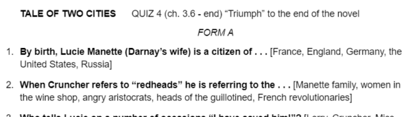 Reading Quizzes on the ENTIRE NOVEL - Dicken's A TALE OF TWO CITIES ...