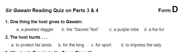 Reading Quizzes on SIR GAWAIN AND THE GREEN KNIGHT -- Entire Book ...