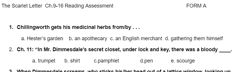 Reading Quizzes for ALL the chapters in Hawthorne's THE SCARLET LETTER ...