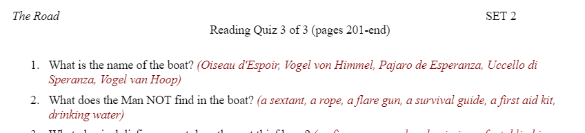 Reading Quizzes on McCarthy's THE ROAD (ENTIRE NOVEL) | Made By Teachers