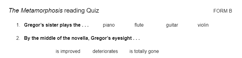 Reading Quiz in two versions for Kafka's THE METAMORPHOSIS | Made By ...