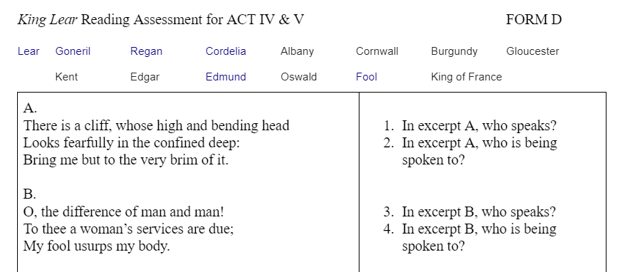 Reading Quizzes for ALL FIVE ACTS of KING LEAR | Made By Teachers